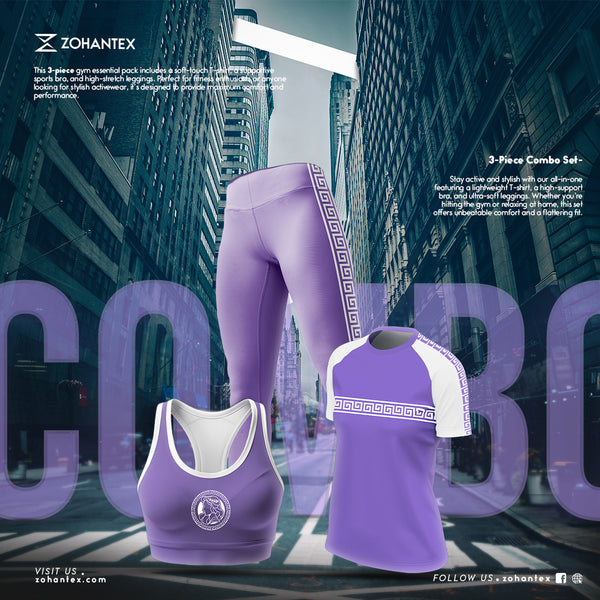 Purple Plus Printed Workout 3Pcs Combo Set CM51 – Zohantex